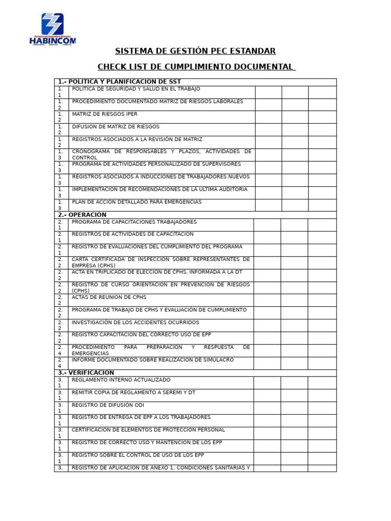 Check List Sistema de Gestión Pec Estandar | PDF | Auditoría