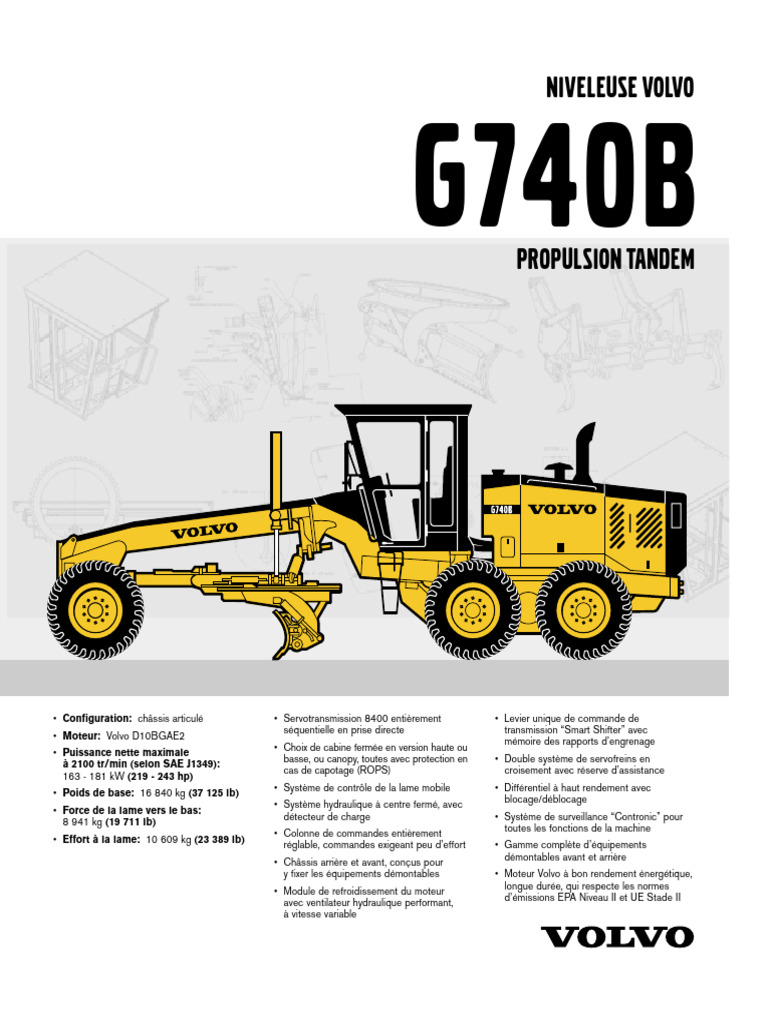 Niveleuse Volvo G740B: Caractéristiques Techniques | PDF | Frein | Pompe
