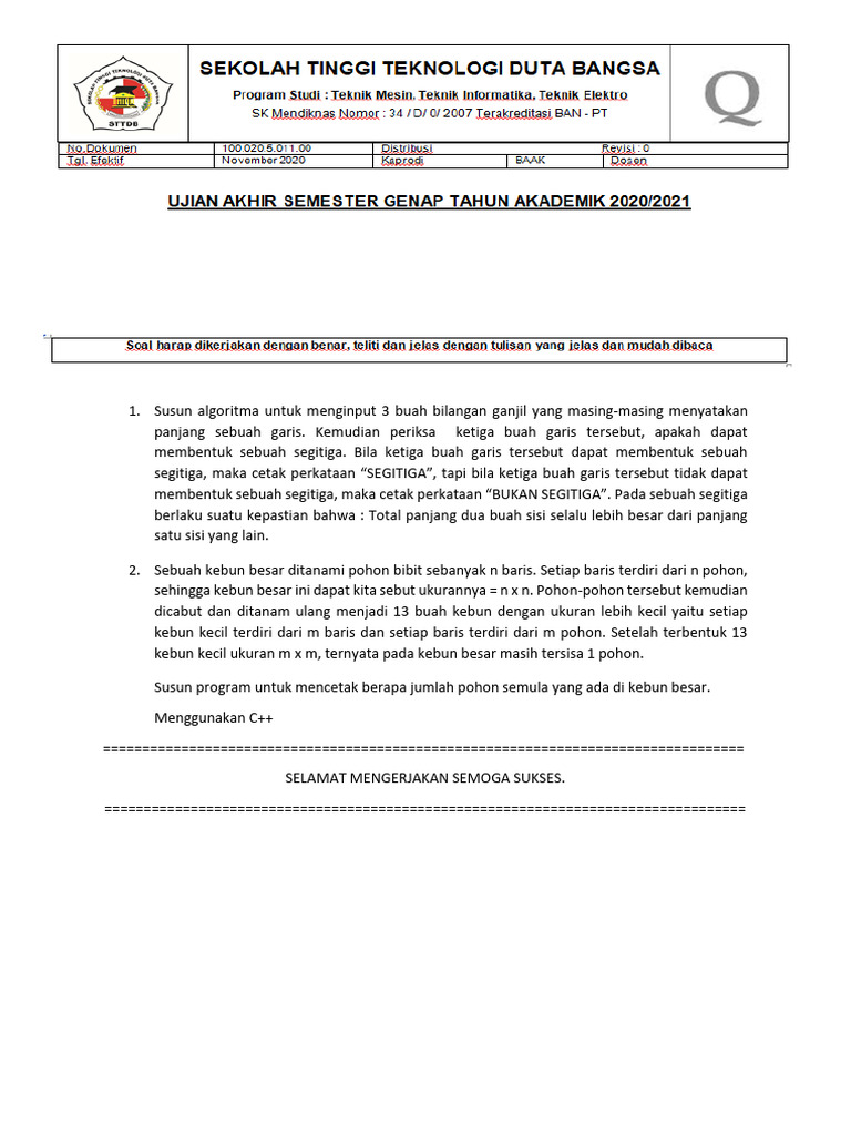 UAS ALGORITMA PEMROGRAMAN GENAP 2020-2021 | PDF
