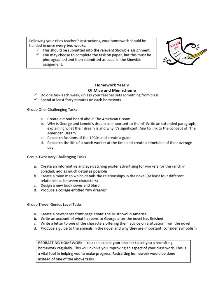 Year 9 Homework: Of Mice and Men Tasks | PDF