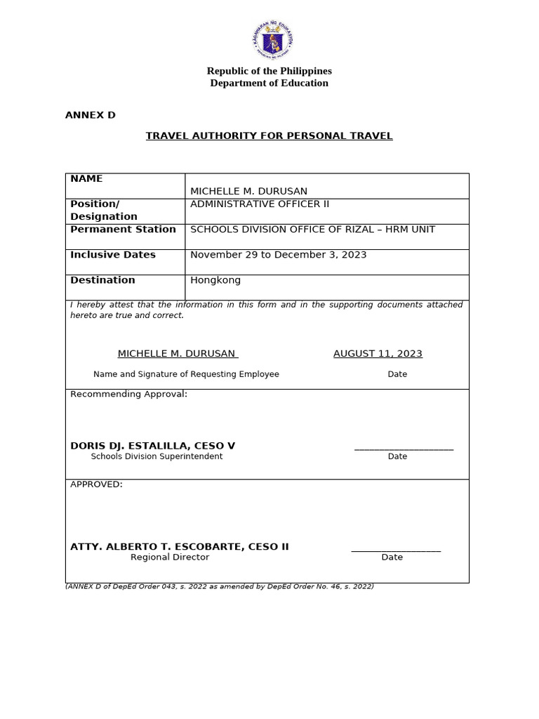 DepEd Personal Travel Authority Form | PDF