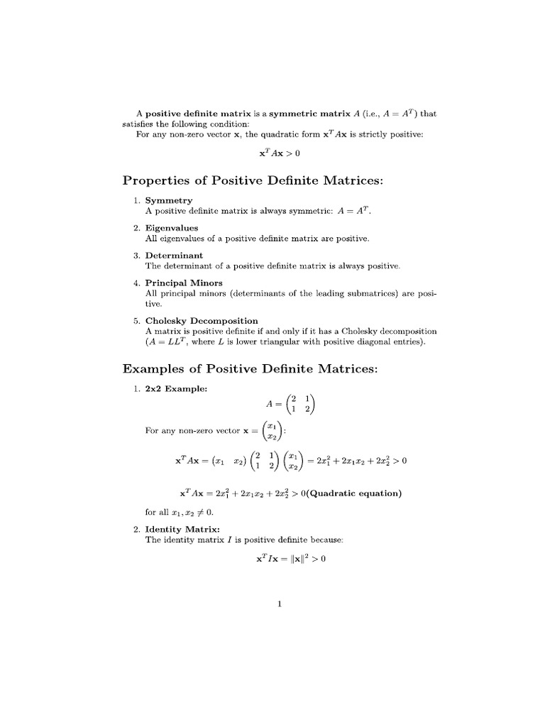 Positive Definite Matrix | PDF