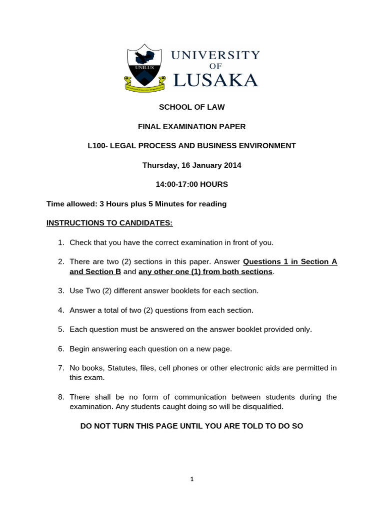 Zambian Law Exam: Legal Process & Business | PDF | Precedent | Justice