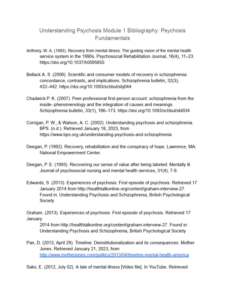 Understanding Psychosis - Module 1 Bibliography | PDF | Schizophrenia | Psychosis
