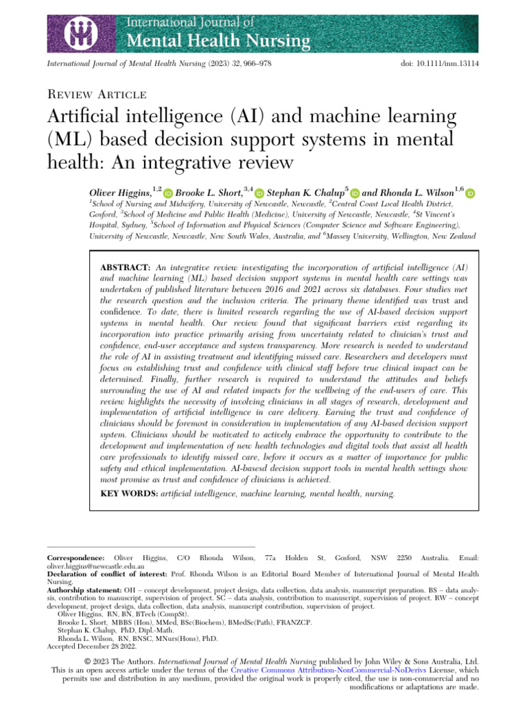 Int J Mental Health Nurs - 2023 - Higgins - Artificial intelligence AI and machine learning ML ...