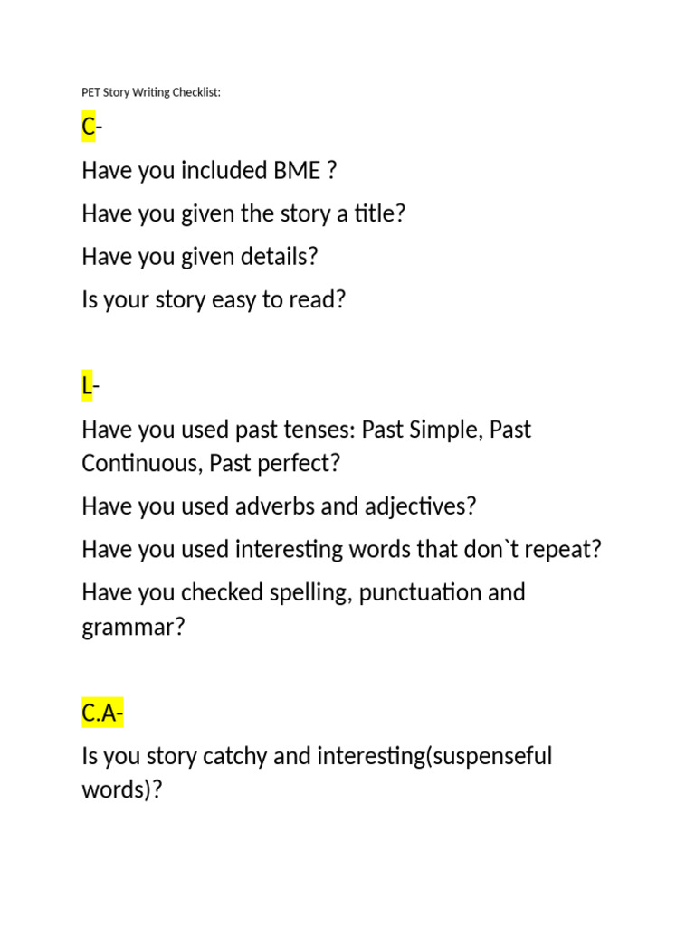 Story Writing Checklist | PDF