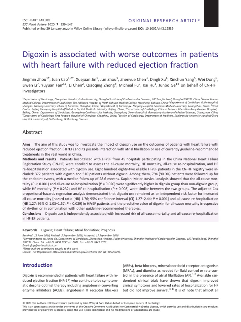 Digoxin Is Associated With Worse Outcomes in Patients With Heart ...