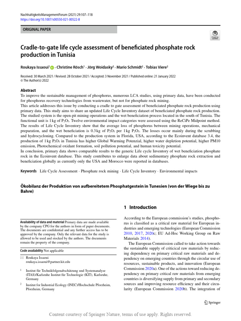 Cradle-To-gate Life Cycle Assessment of Beneficiat Phosphat Tunisia ...