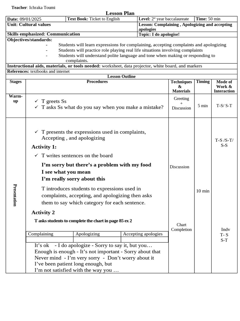 Lesson Plan Complaining apologizing accepting | PDF | Human Communication | Learning