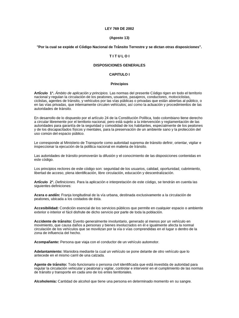 LEY 769 de 2002 Código Nacional de Tránsito | PDF | Licencia de ...
