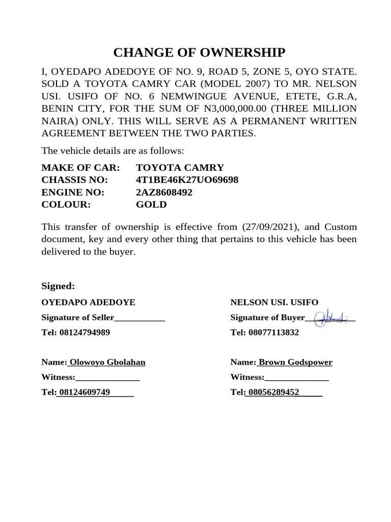 Toyota Camry Ownership Transfer Agreement | PDF