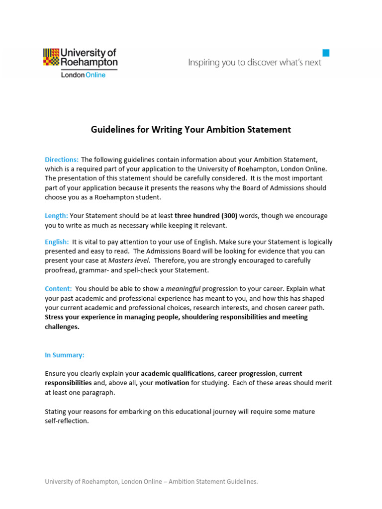 Ambition Statement Guidelines for Roehampton | PDF
