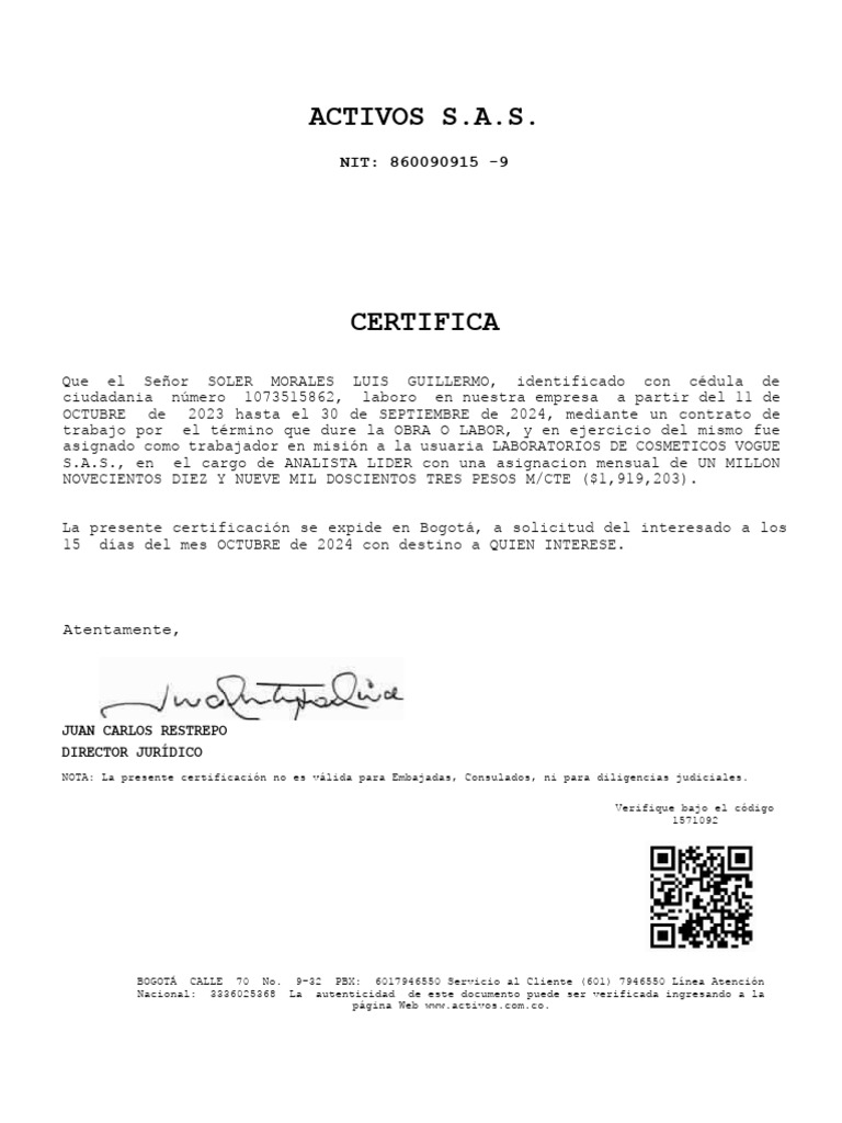 CERTIFICADO ACTIVOS | PDF