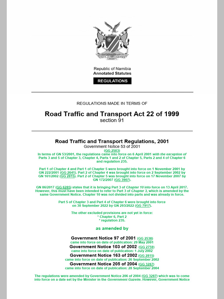 Road Traffic and Transport Act 22 of 1999-Regulations 2001-053 | PDF ...