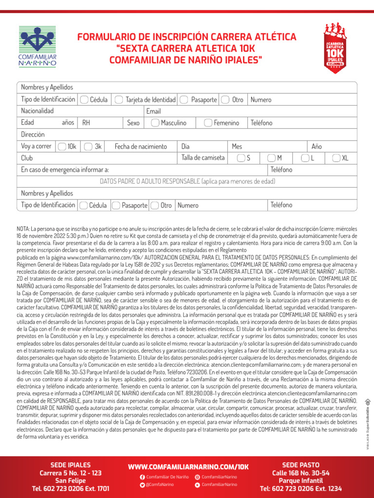 Inscripción 10K Comfamiliar Nariño | PDF | Documento de identidad
