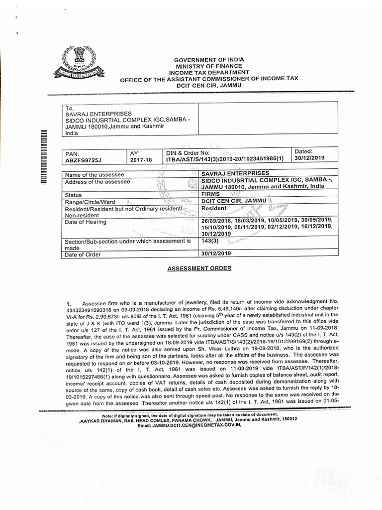 Assessment Order Savraj Enterprises | PDF