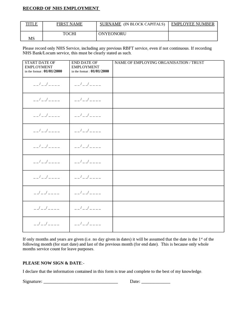 Record of NHS Service Form A | PDF