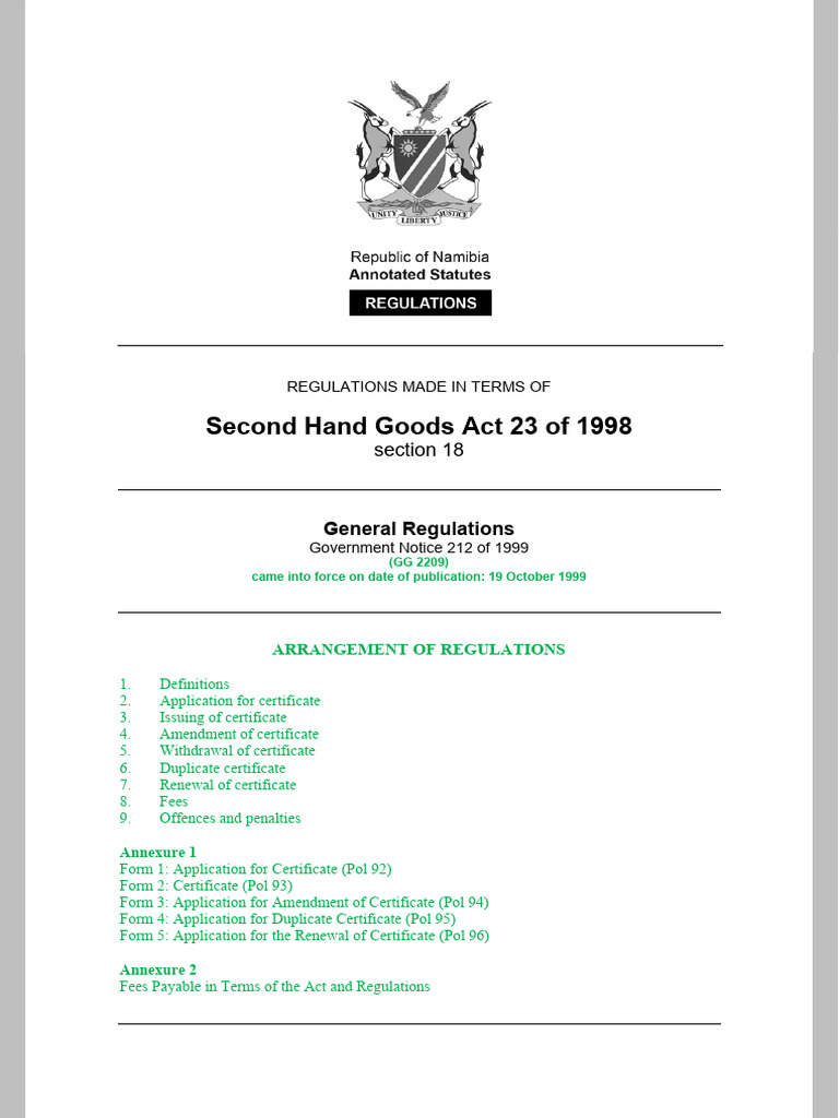 Second Hand Goods Act Regulations | PDF | Justice | Crime & Violence