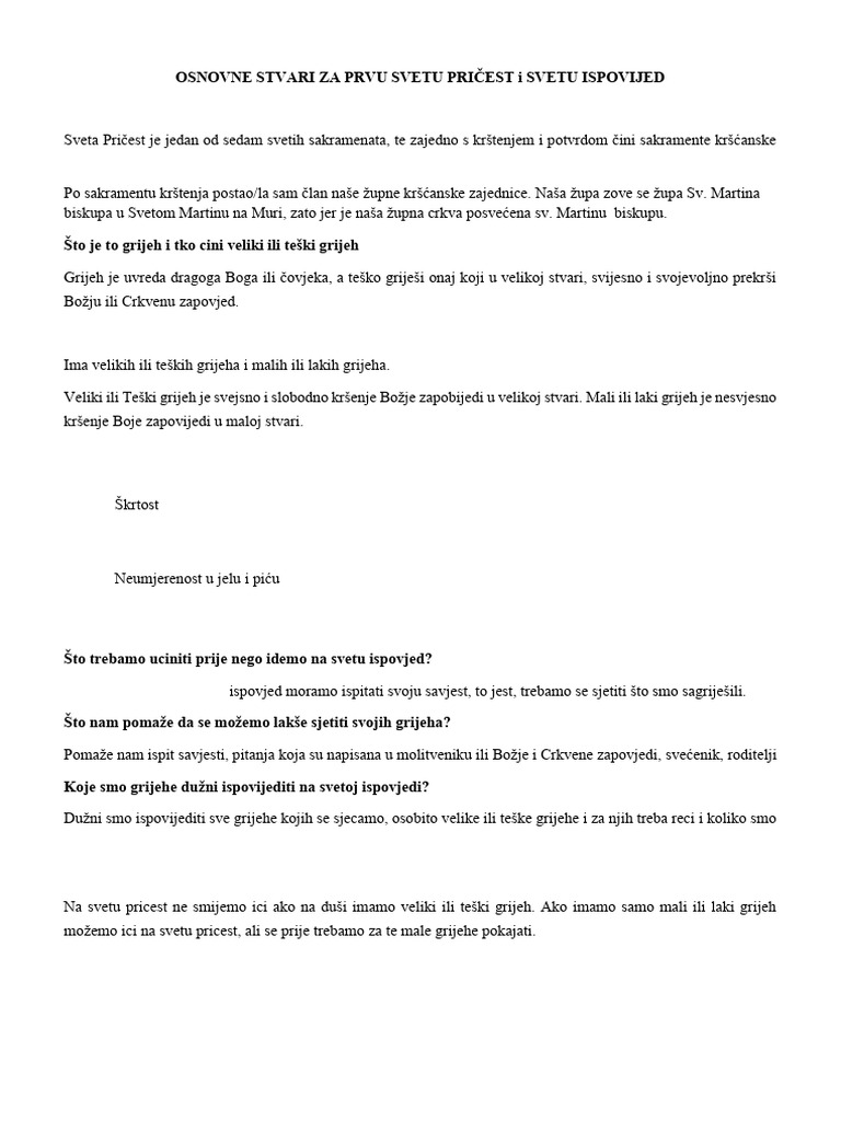 OSNOVNE STVARI ZA PRVU SVETU PRIČEST I SVETU ISPOVIJED | PDF