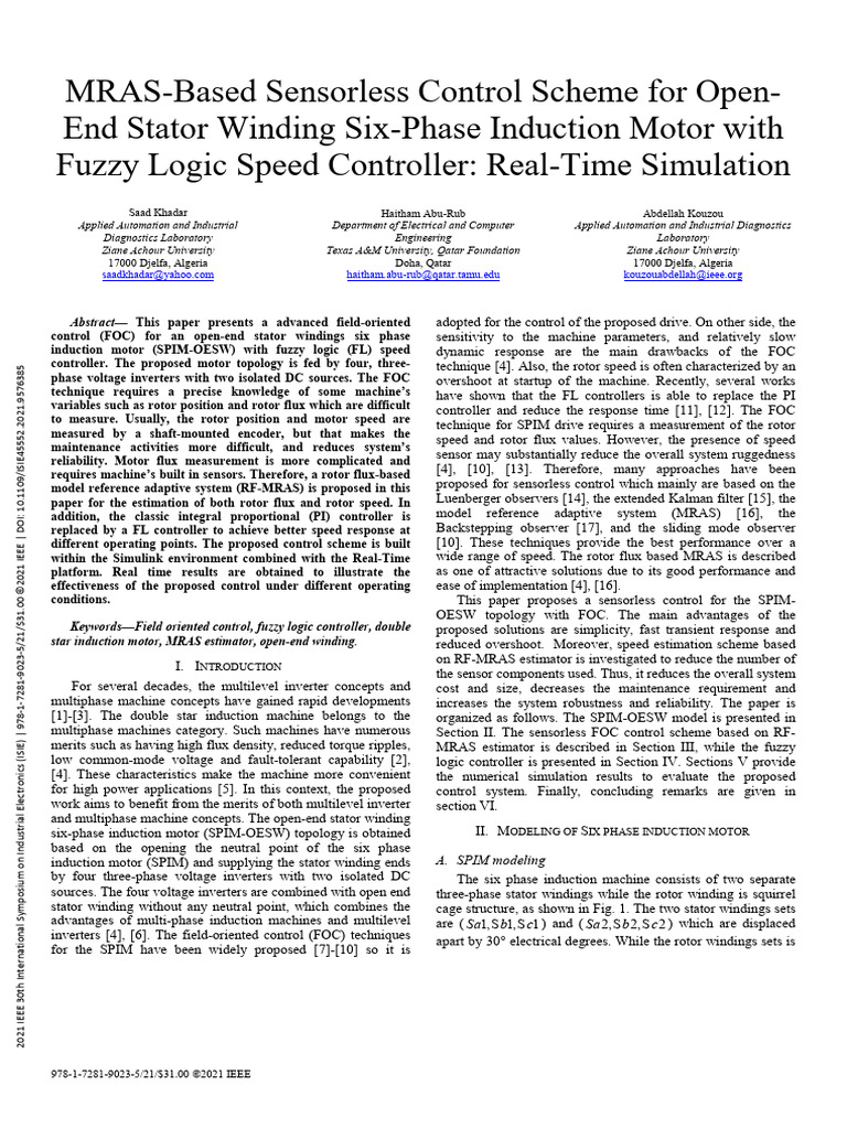 Mras Based Sensorless Control Scheme For Open End Stator Winding Six Phase Induction Motor