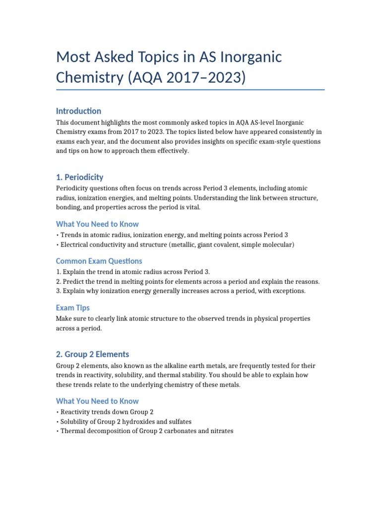 AS_Inorganic_Chemistry_Exam_Topics_2017_2023 | PDF | Chlorine ...