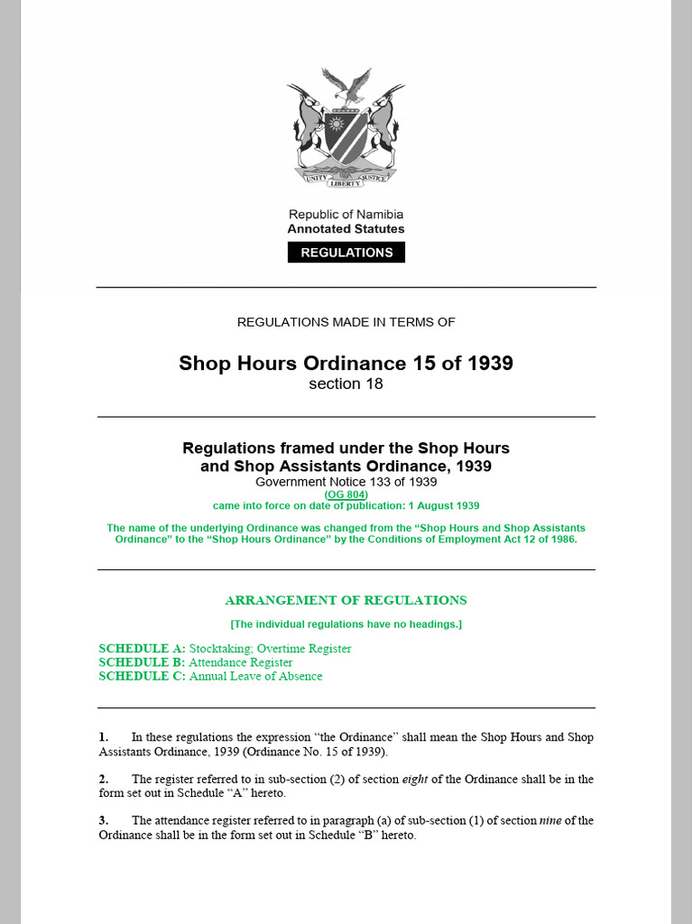 Shop Hours Ordinance 15 of 1939-Regulations 1939-0133 | PDF | Business Law | Working Time