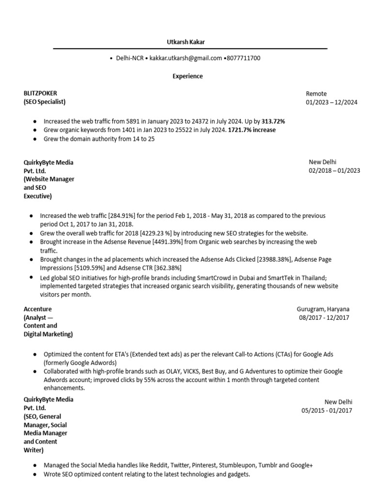 Utkarsh Kakar Resume | PDF | Search Engine Optimization | Web Traffic