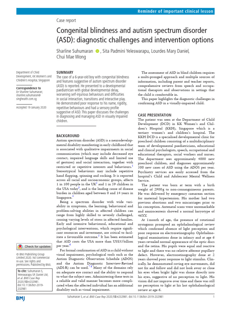 Diagnosing ASD in Congenitally Blind Children | PDF | Autism Spectrum ...