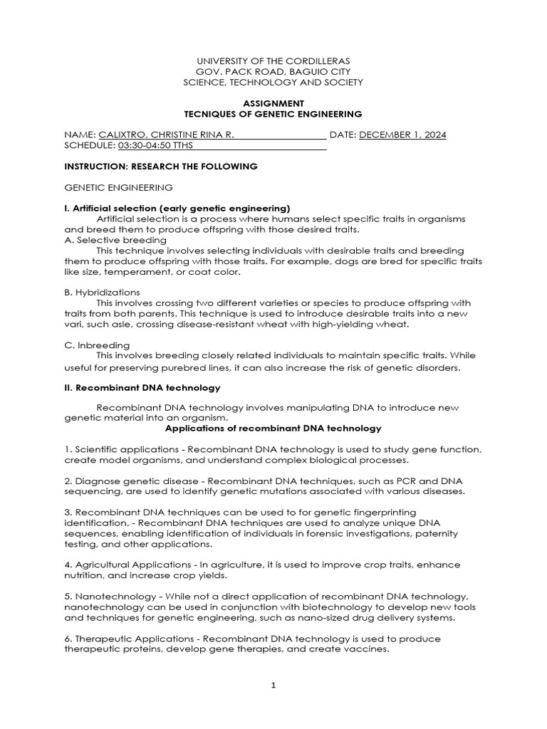 Assignment Techniques of Genetic Engineering | PDF | Genetically ...