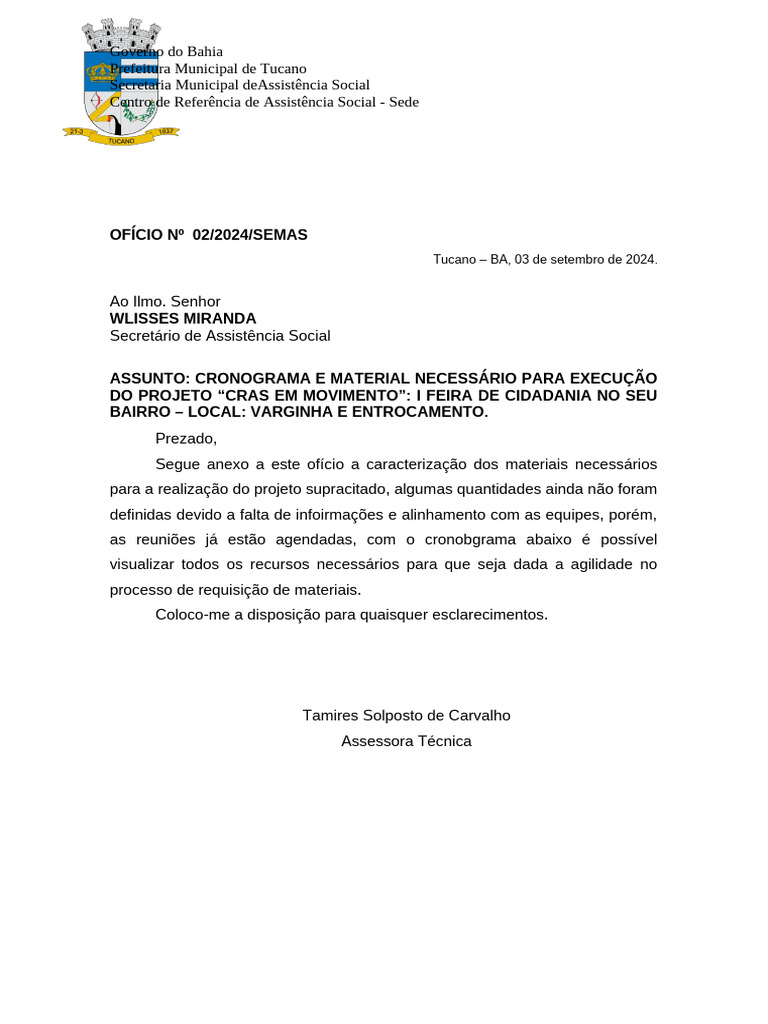 Modelo de Oficio Solicitação Cras | PDF