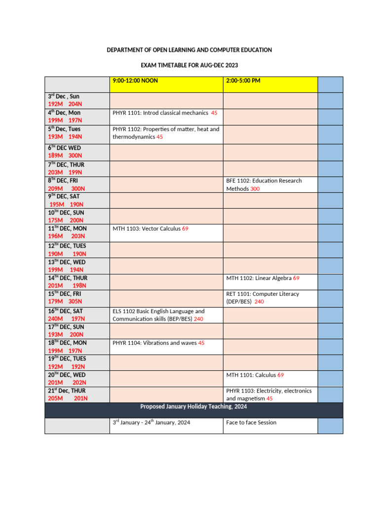 KAB END OF SEMESTER ONE TIME TABLE | PDF