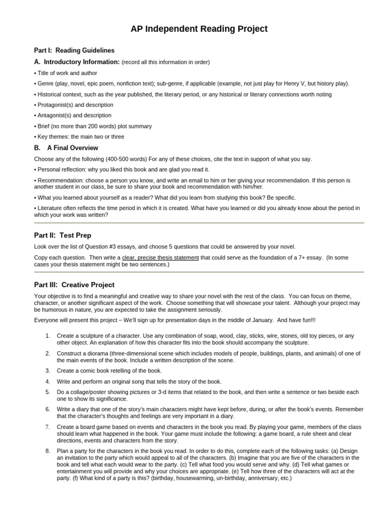 AP Independent Reading Project | PDF | Essays | The Awakening (Chopin ...