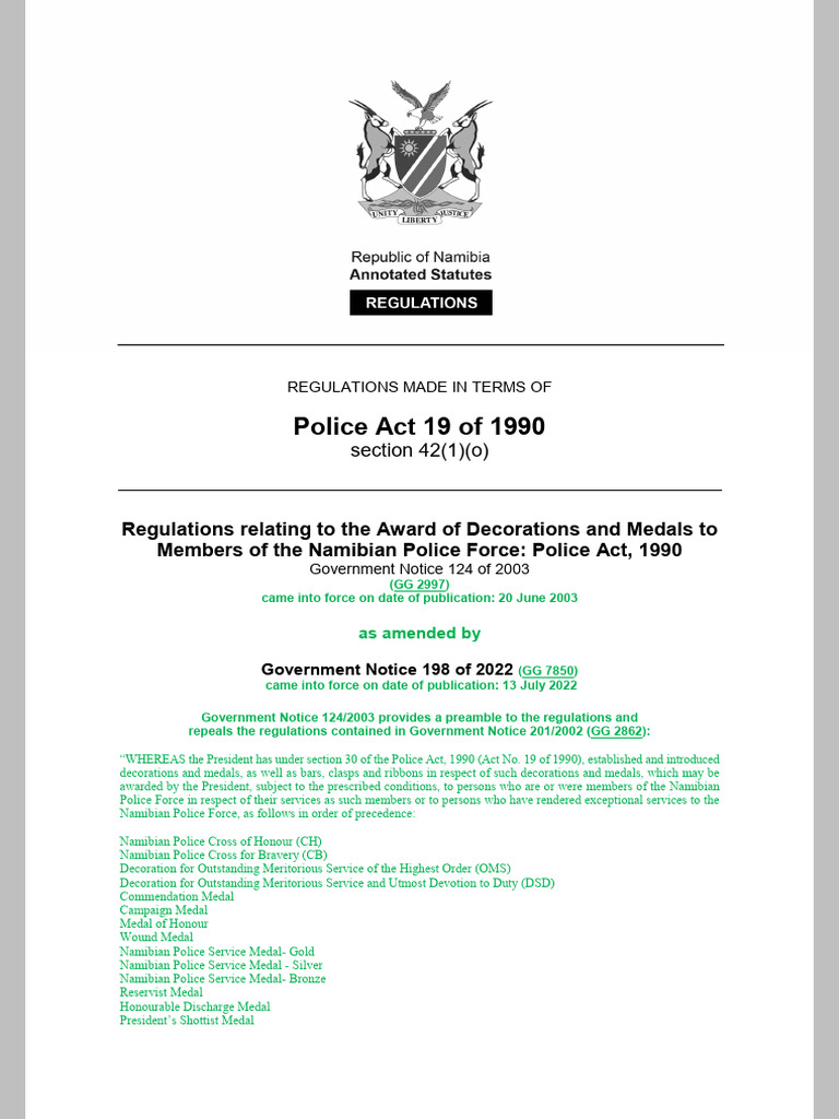 Police Act 19 of 1990-Regulations 2003-124 | PDF | Namibia | Orders ...