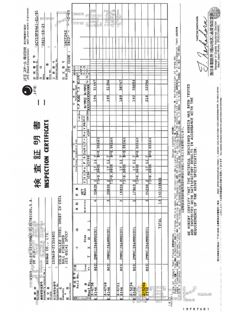 Jis G3141 SPCCT 1.20MM X 1286MM X Coil A-5240-2 | PDF