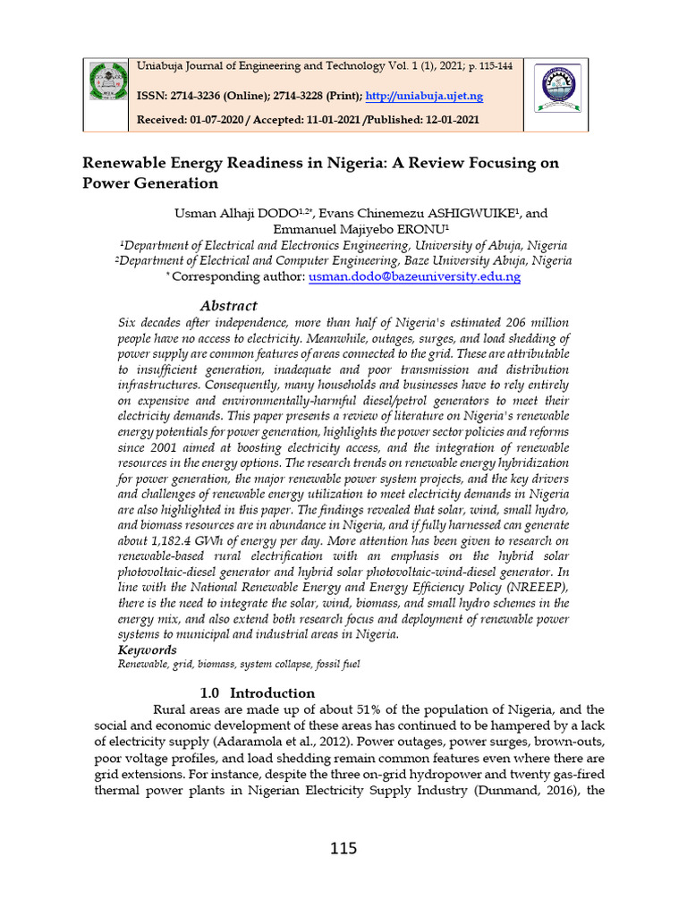 UJET20201127194346-Renewable Energy Readiness in Nigeria - A Review Focusing On Power Generation ...