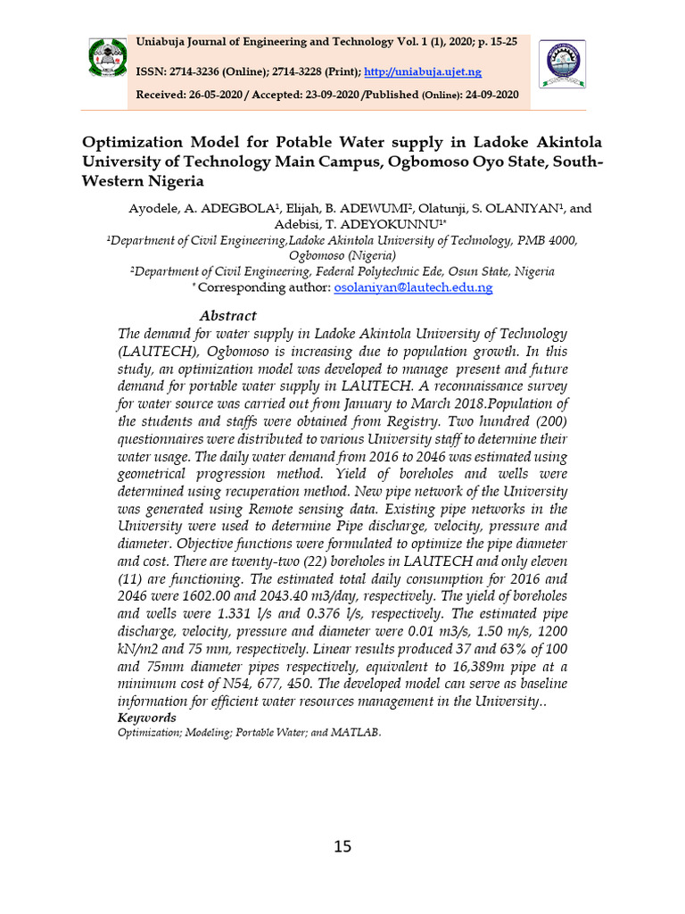 UJET20200904104456-Optimization Model for Potable Water supply in Ladoke Akintola University of ...