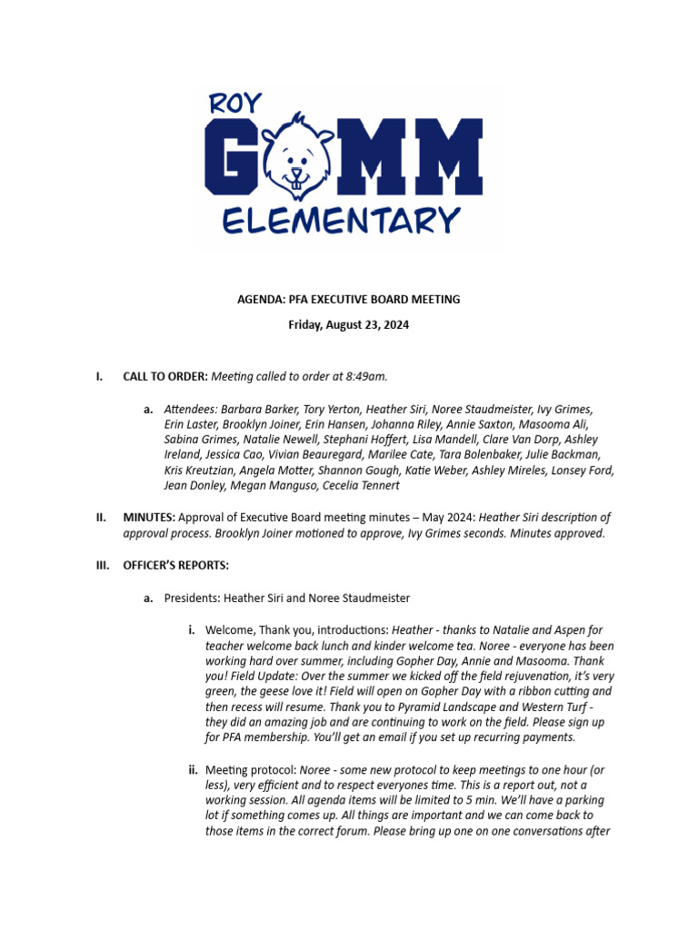 PFA Board Mtg. Minutes Aug 24 2024 | PDF