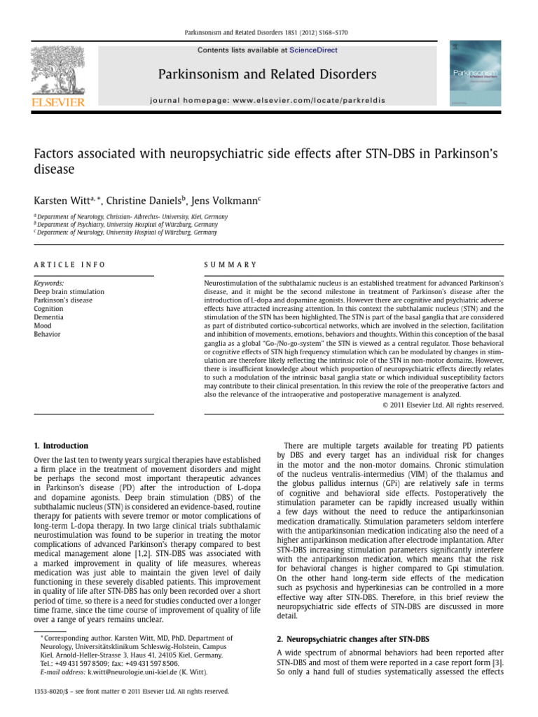 STN-DBS in Parkinson Disease | PDF | Deep Brain Stimulation | Clinical Medicine