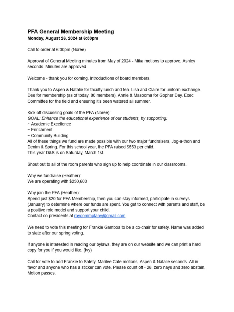 PFA General Mtg Minutes August 26 2024 | PDF