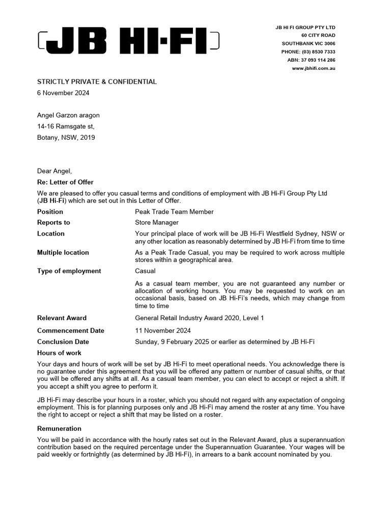 Letter of Offer - Casual (Peak Trade Team Member) | PDF | Justice ...
