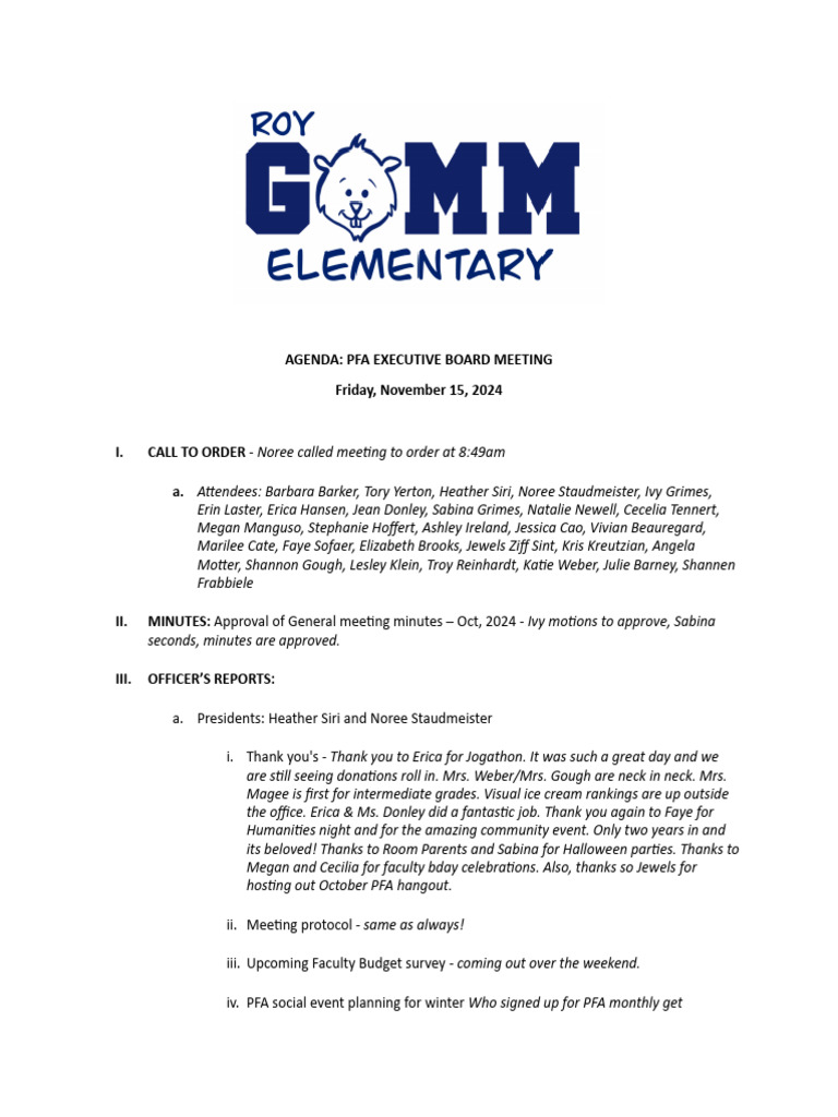 PFA BOD Meeting Minutes Nov 15 2024 | PDF
