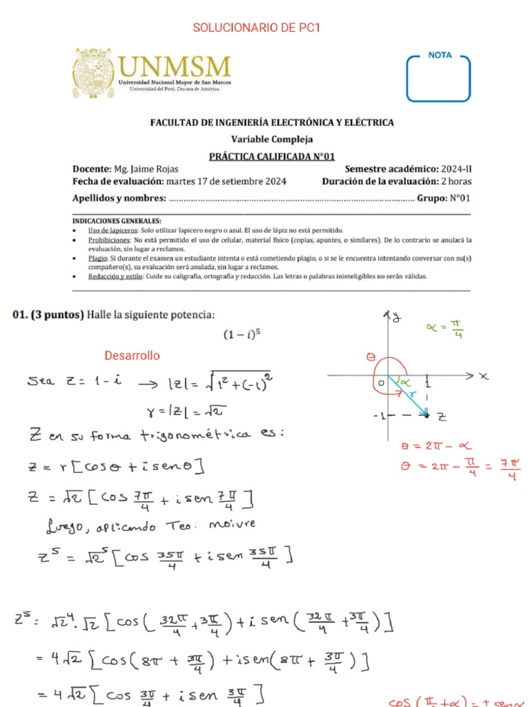 Solucionario de PC1, Variable Compleja, 2024-II | PDF
