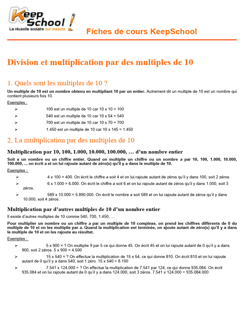 Multiplication et division par 10, 100, 1000 | PDF | Multiplication ...