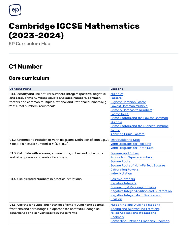 Cambridge IGCSE Math Curriculum Map | PDF | Numbers | Multiplication