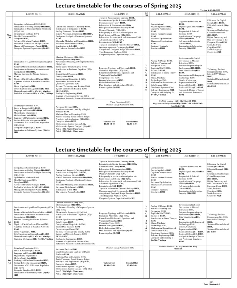 Lecture Timetable S2025 V4 | PDF | Artificial Intelligence | Intelligence (AI) & Semantics