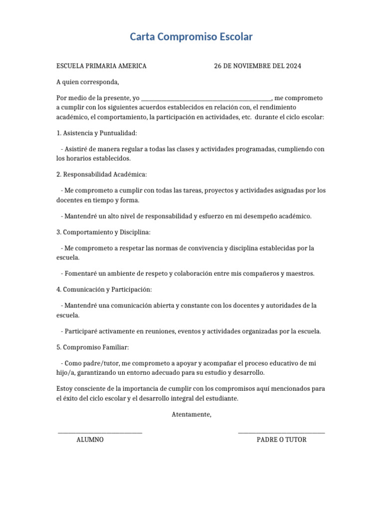 Carta Compromiso Escolar Editable | PDF