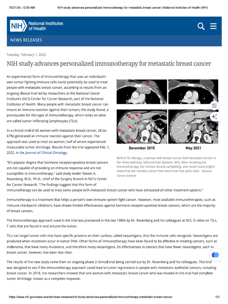 NIH study advances personalized immunotherapy for metastatic breast cancer 2022 | PDF