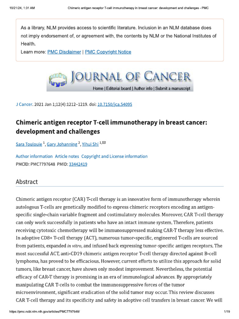 CAR(Chimeric antigen receptor)-T-cell immunotherapy in breast cancer ...