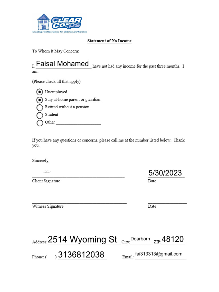 Letter of No Income Fillable | PDF