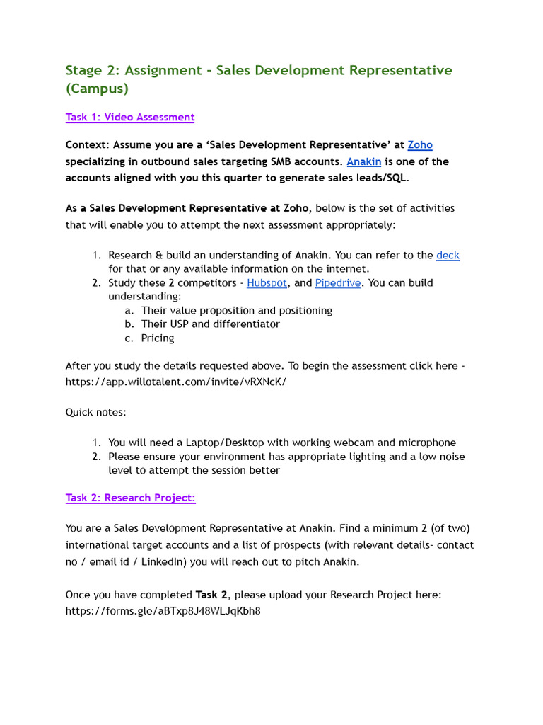 Stage 2 - Assignment - Sales Development Representative (Campus) | PDF